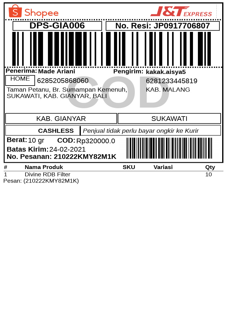 Label Pengiriman.J&T Express - 1 | PDF