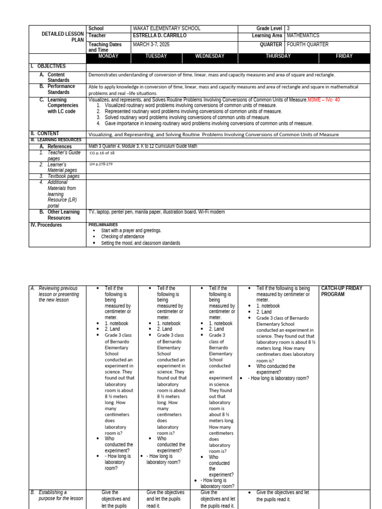 Grade 3 Math Lesson Plan: Unit Conversion | PDF | Teachers | Learning
