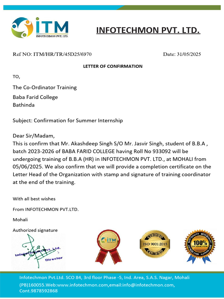 Akashdeep Singh Certificate of Confirmation | PDF