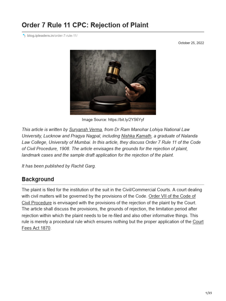 Blog - Ipleaders.in-Order 7 Rule 11 CPC Rejection of Plaint | PDF ...