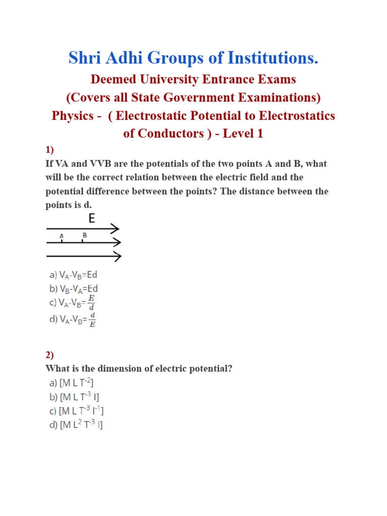 (Electrostatic Potential To Electrostatics of Conductors) - Level 1 | PDF | Electric Field | Dipole