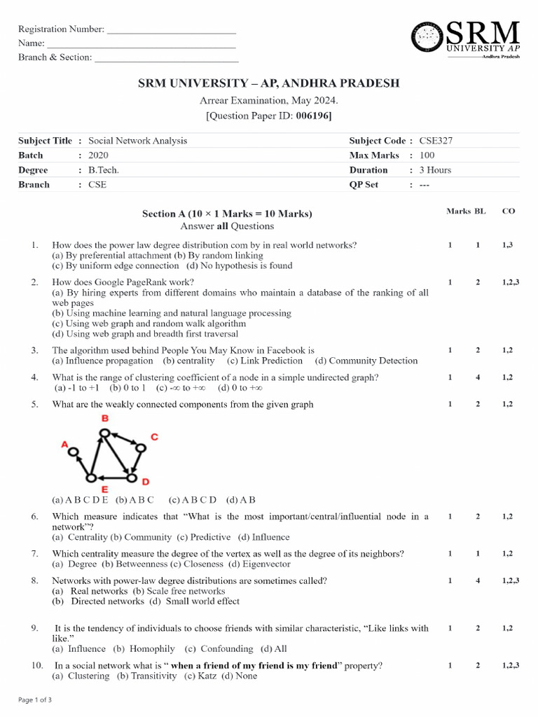 6196 Cse327 Social Network Analysis Arrear Examination May 2024 | PDF