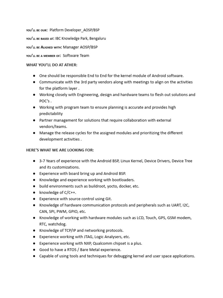 Platform Developer AOSP BSP | PDF | Android (Operating System) | Kernel (Operating System)