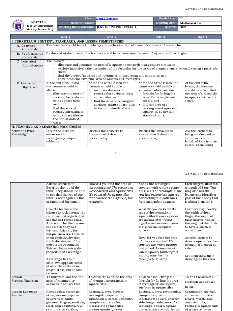 DLL Matatag Mathematics 3 q1 w1 | PDF | Area | Rectangle