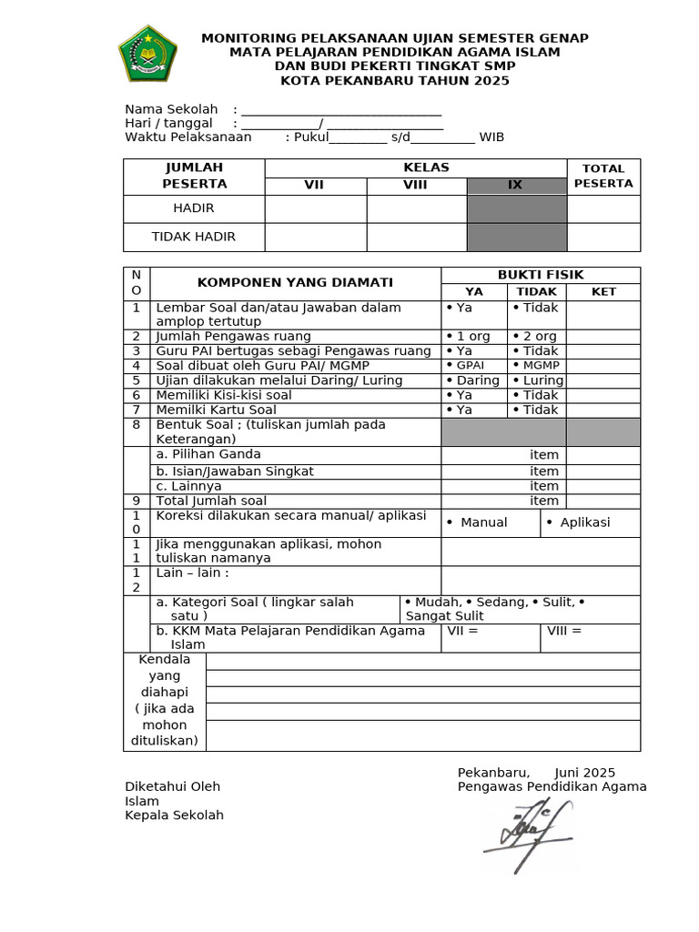 Instrumen Monitoring Pelaksanaan Ujian Semester Genap SMP Ada TT | PDF