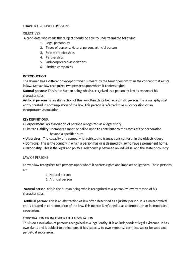 Chapter Five Law of Persons | PDF | Partnership | Corporations