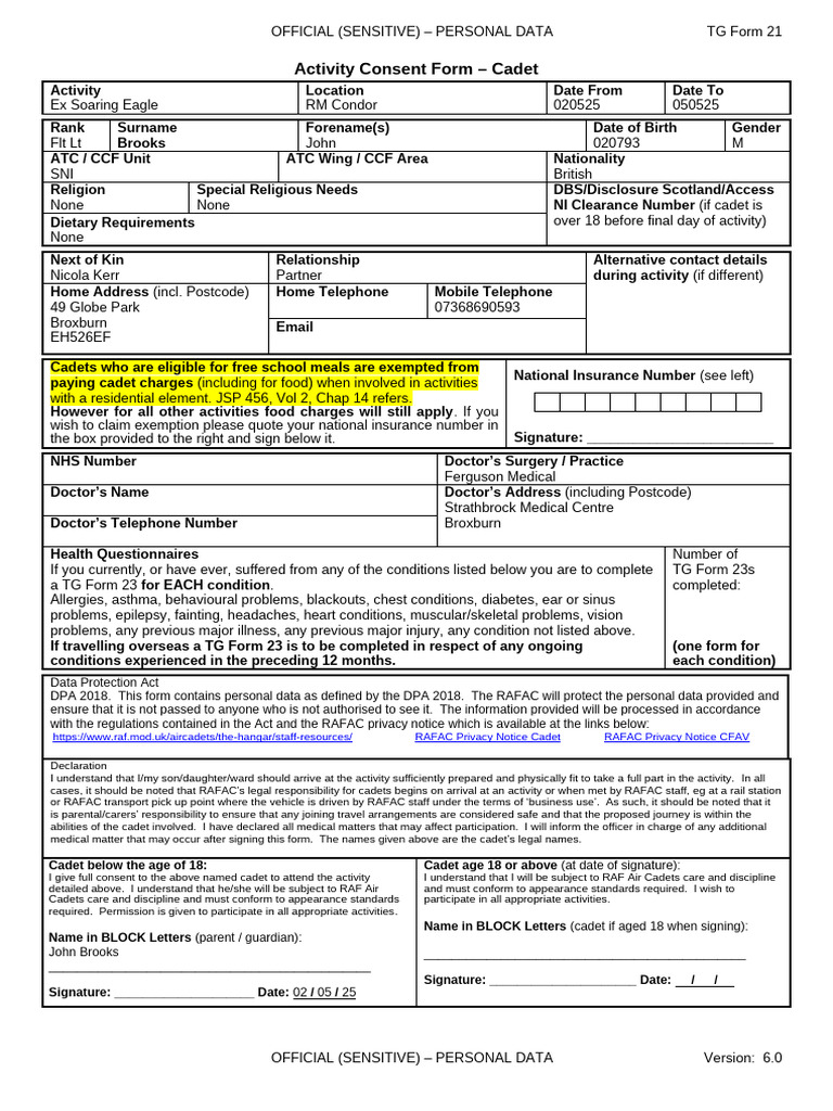 TG21 Activity Consent Form for Cadets | PDF