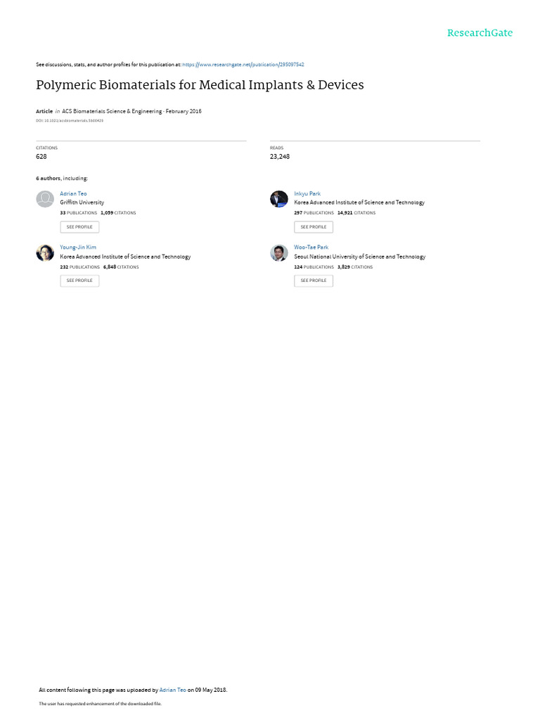 Polymeric Biomaterialsfor Medical Implantsand Devices | PDF | Implant ...