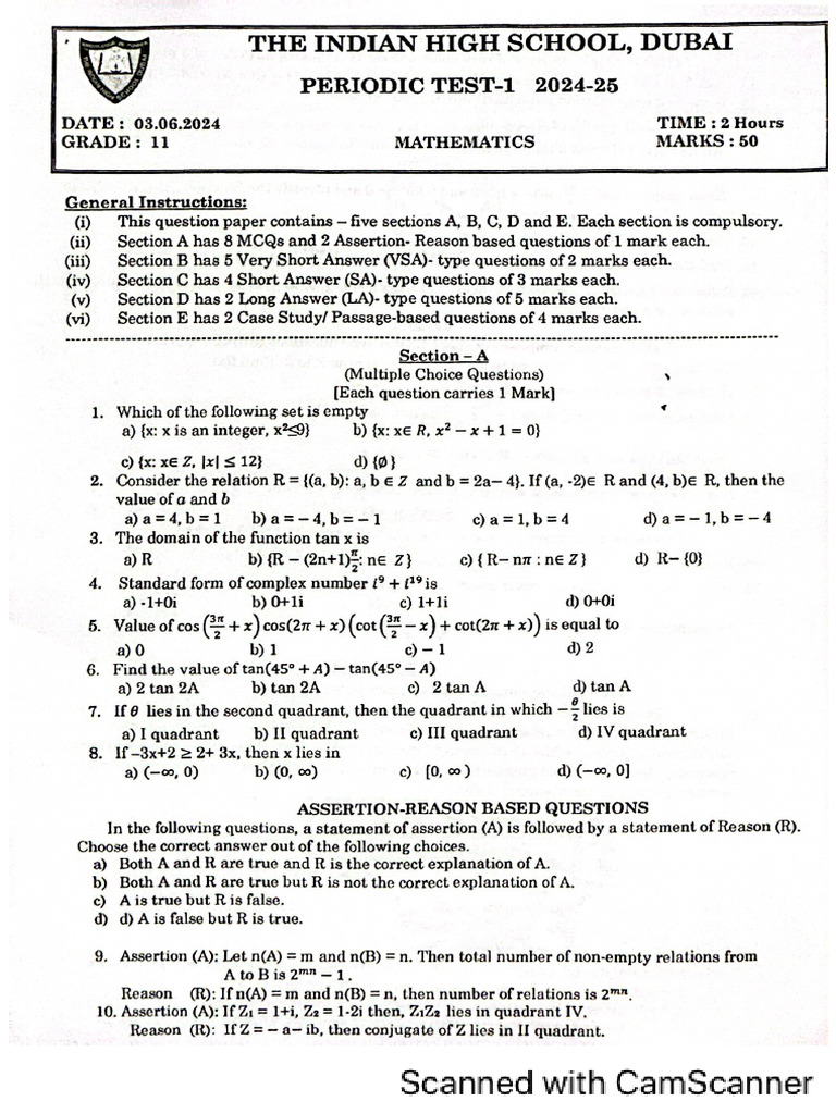 Class 11 Math PT 1 IHS June 2024 1 | PDF