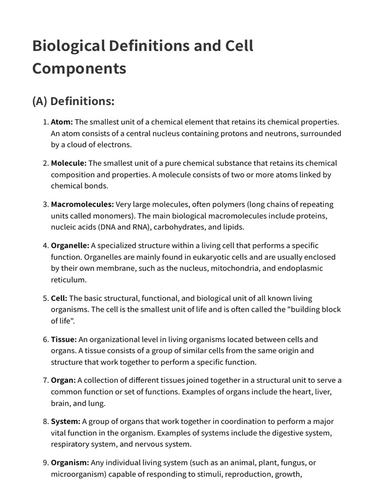 Biological Definitions and Cell Components | PDF | Cell (Biology ...