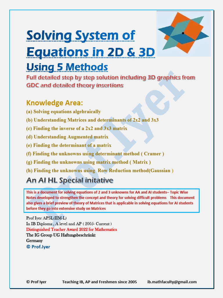 Solving Equations of System of Equations 2d and 3d in 5 Methods | PDF | Matrix (Mathematics ...