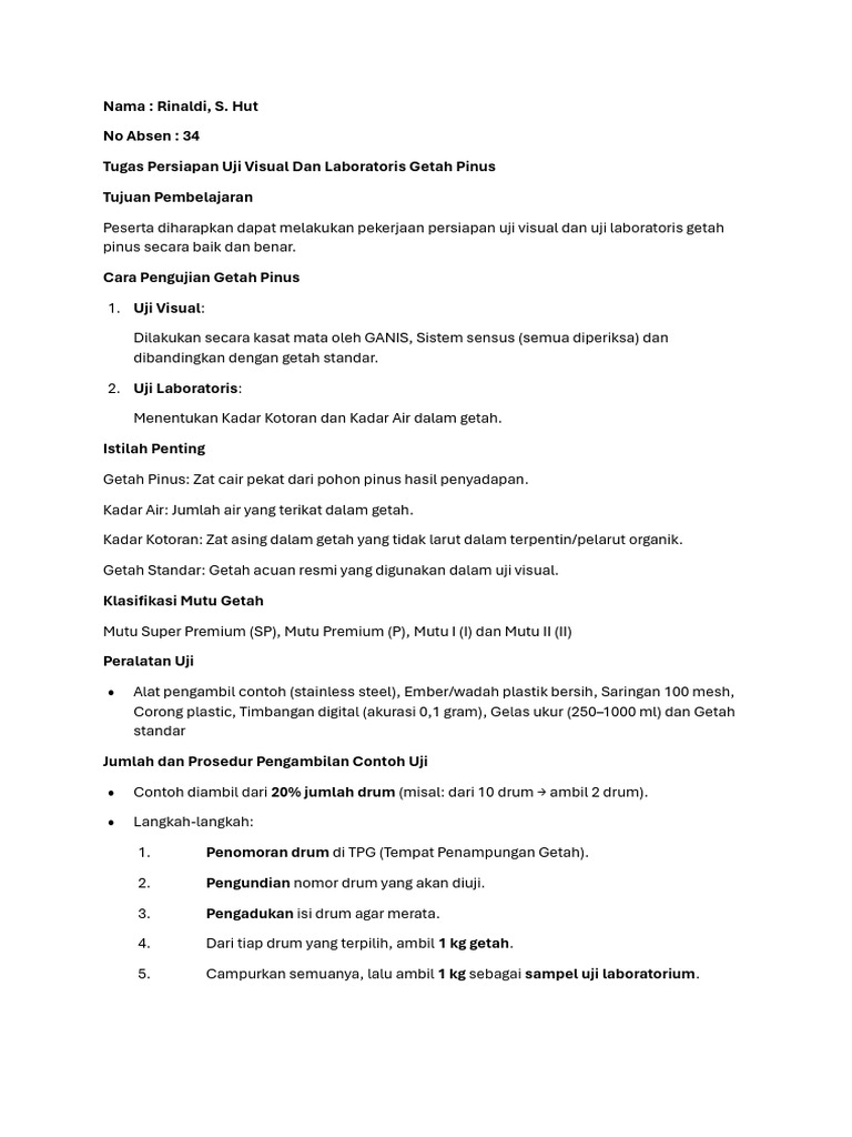 Tugas Uji Visual Dan Lab Getah Pinus Rinaldi | PDF