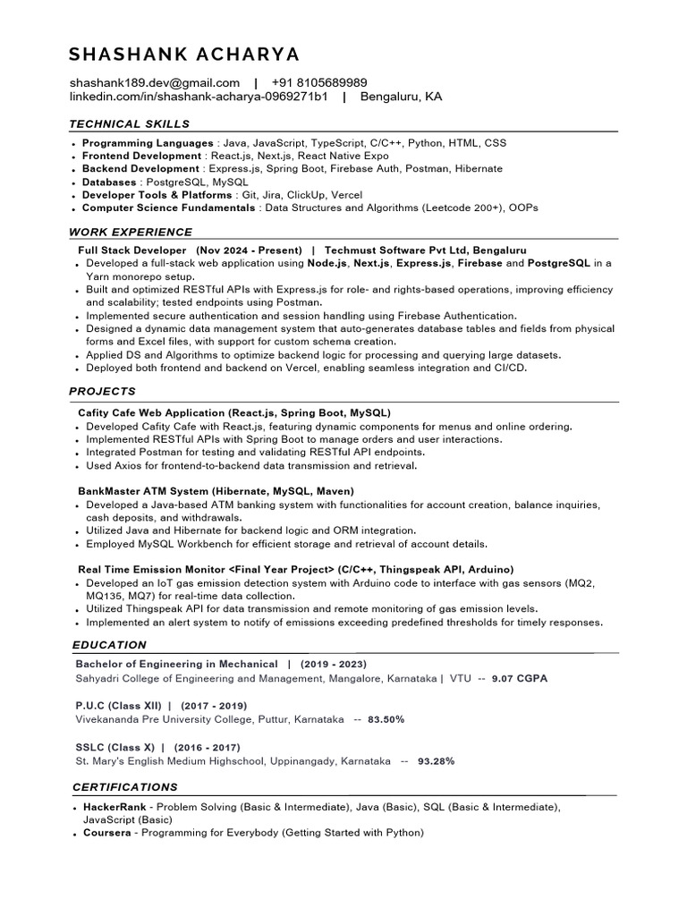 Shashank Acharya Resume-FullStack 20250522 205450 0000 | PDF | Postgre Sql | My Sql