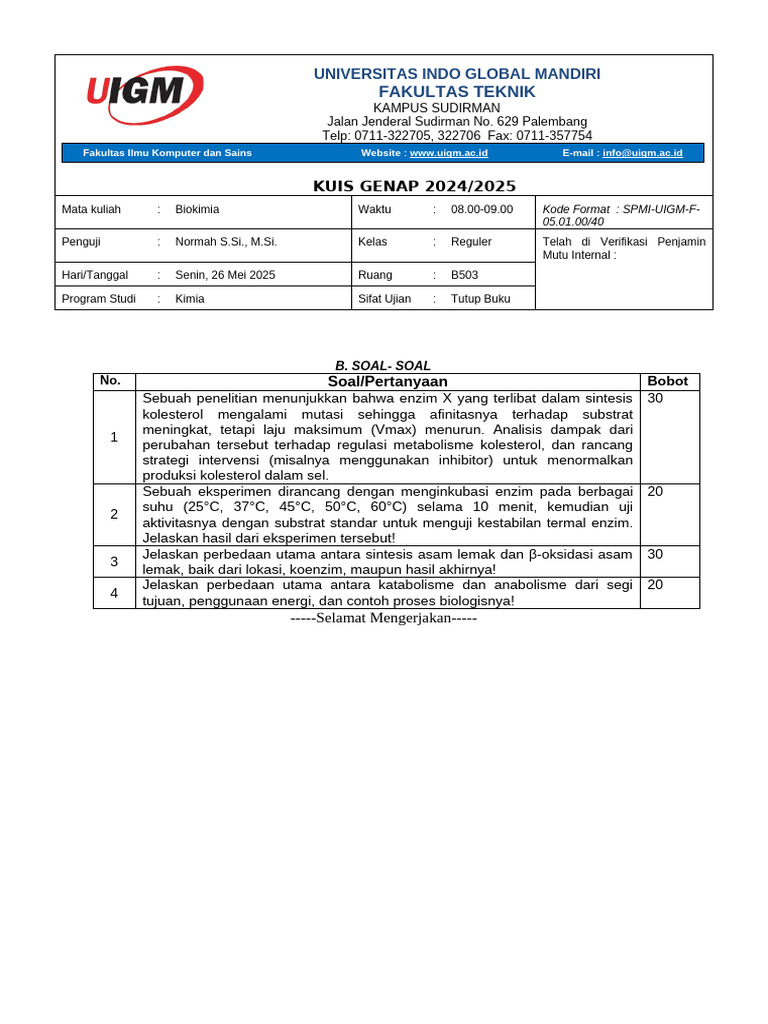 Soal KUIS Biokimia | PDF
