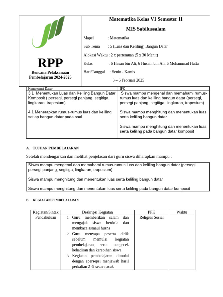 Matematika Pekan Pertama Februari 2025 TGL 3-6 Februari 2025. Matematika Kelas 6 Hasan, Husain ...