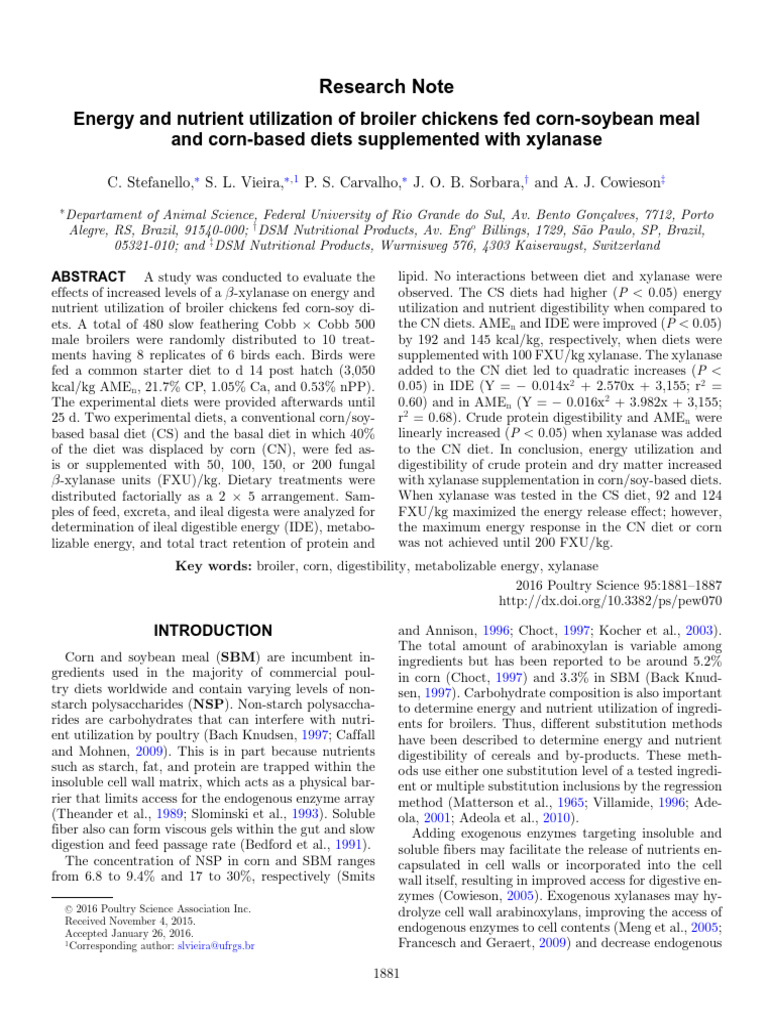 Energy and Nutrient Utilization of Broiler Chickens Fed Corn-Soybean ...