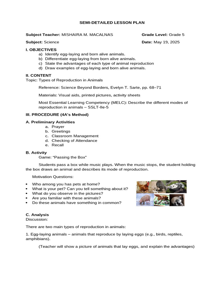 Science 5 4as Lesson Plan | PDF | Egg | Lesson Plan