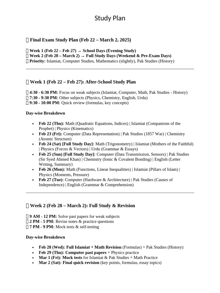 Bise Sahiwal Final Exam Study Plan | PDF