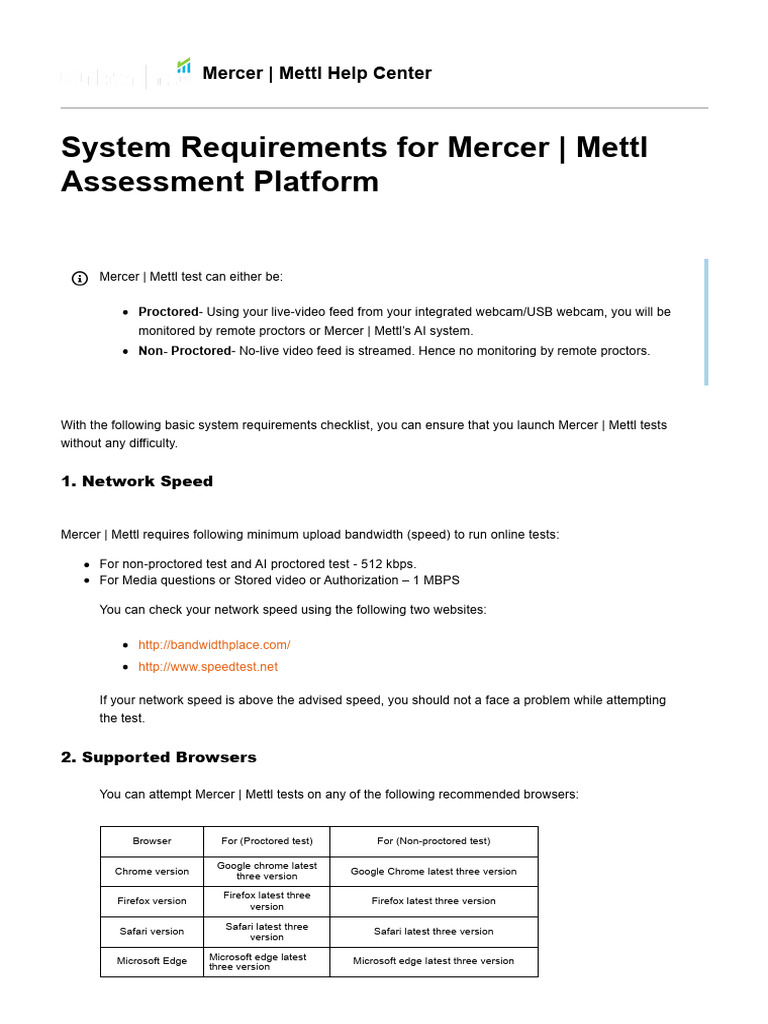 System Requirements For Mercer - Mettl Assessment Platform | PDF ...