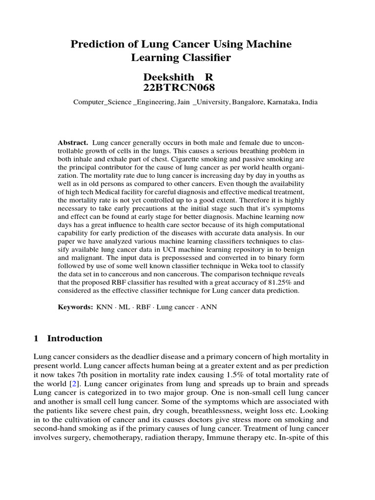 Prediction of Lung Cancer Using Machine Learning Classifier | PDF ...