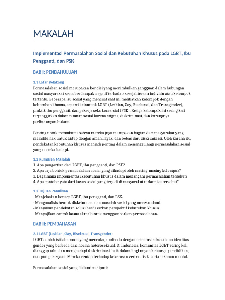 Makalah Lengkap Permasalahan Sosial LGBT IbuPengganti PSK | PDF