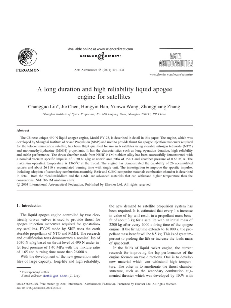 High-Performance Liquid Apogee Engine | PDF | Rocket Engine | Liquid ...
