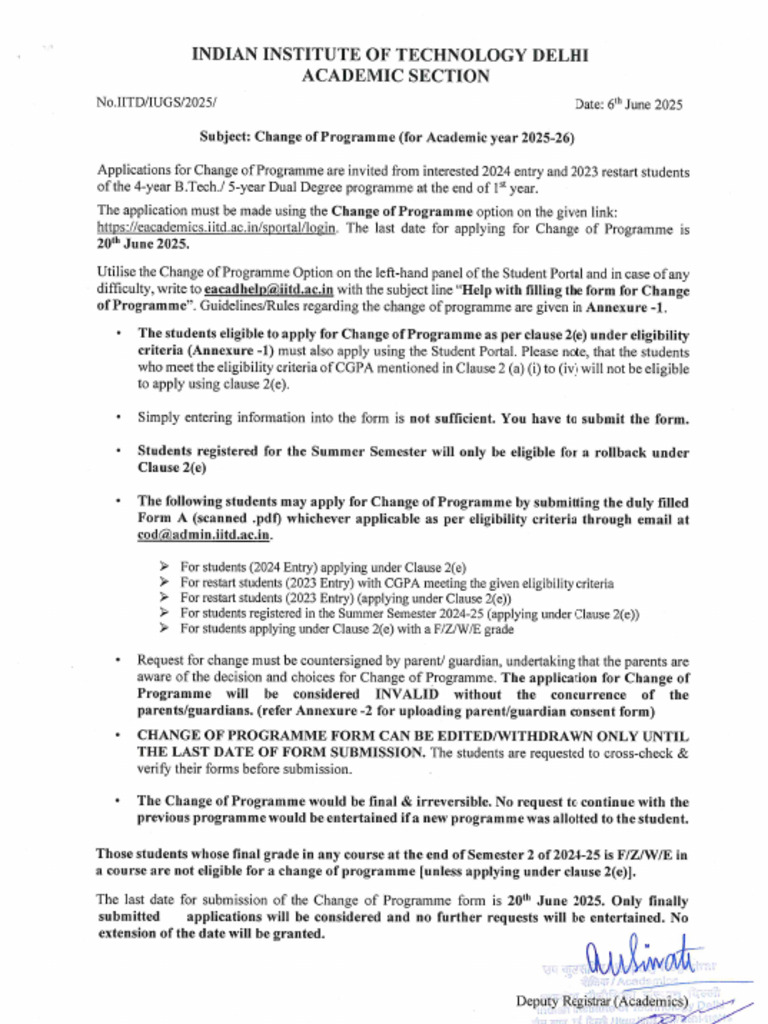 Notification - Change of Programme (For Academic Year 2025-26) | PDF