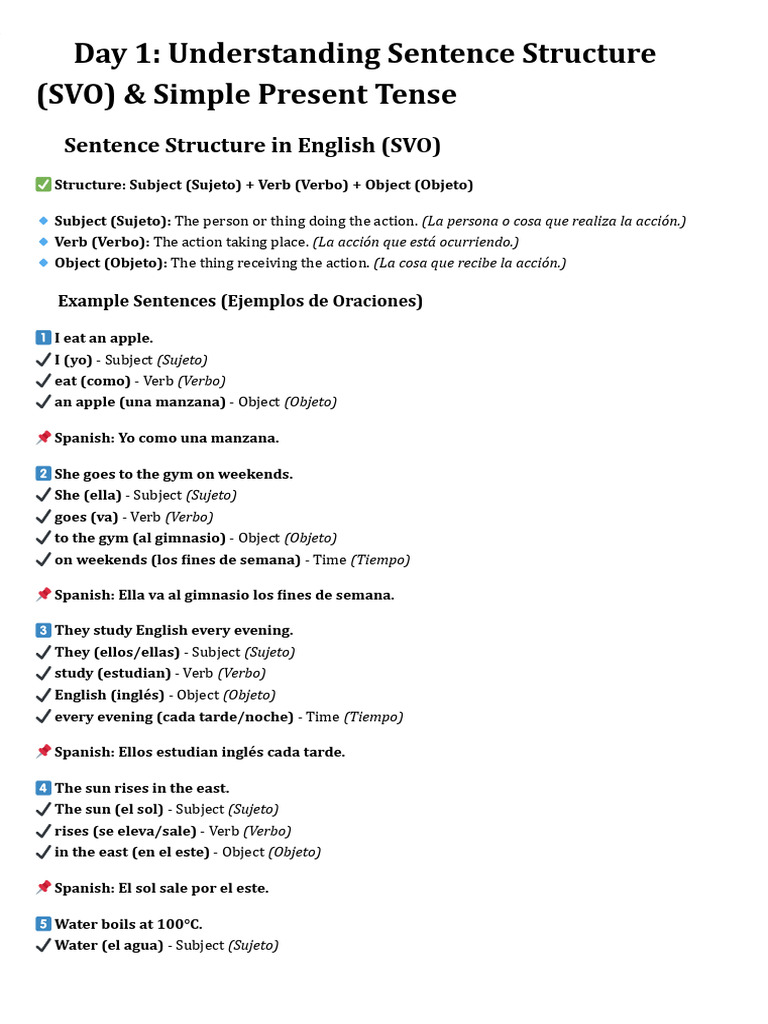 ? Day 1 Understanding Sentence Structure (SVO) & Simple Present Tense | PDF | Ciencia cognitiva ...
