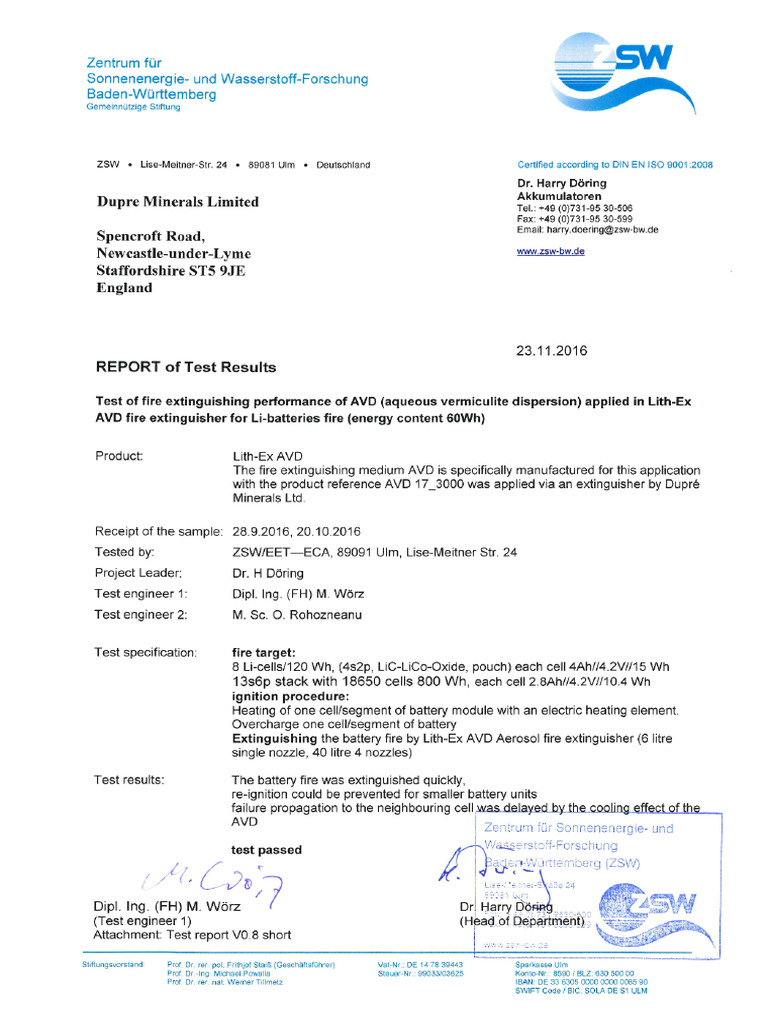 Cert Report AVD Lith-Ex ZSW V2-Website | PDF | Rechargeable Battery | Lithium Ion Battery