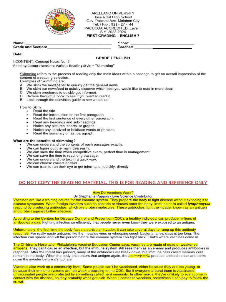 Concept Note No. 2 Skimming | PDF | Immune System | Vaccines