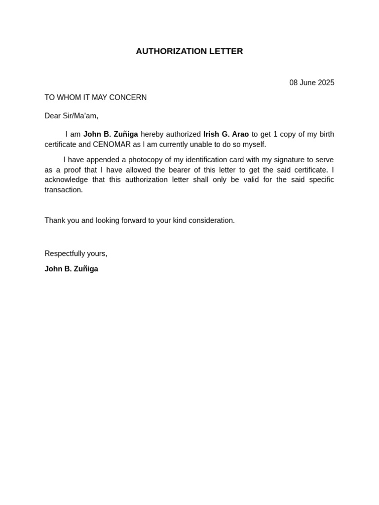 Authorization Letter John | PDF