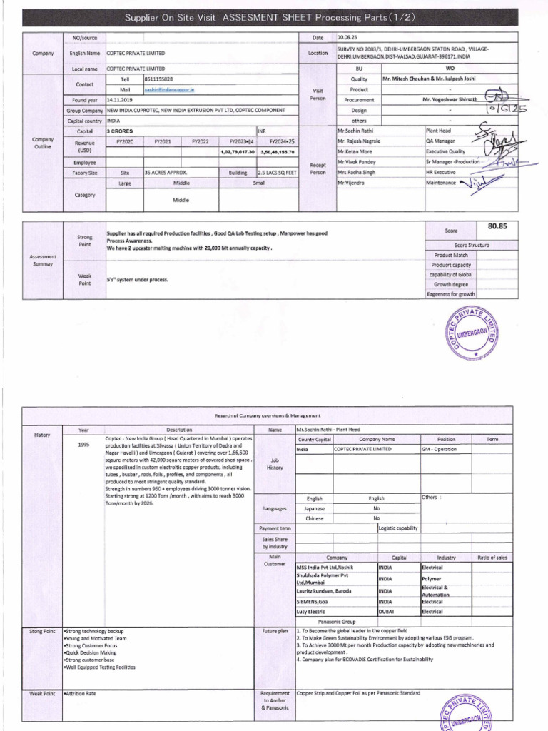 Supplier On Site Visit Assessment Sheet | PDF