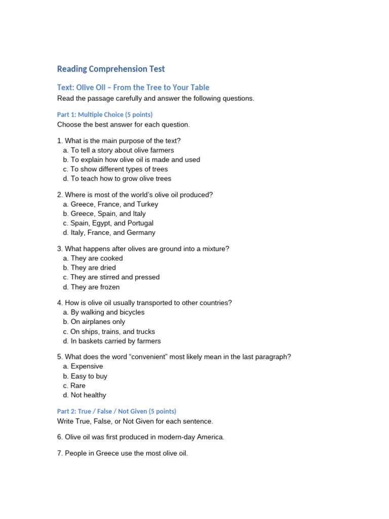 Reading Comprehension Test Olive Oil | PDF