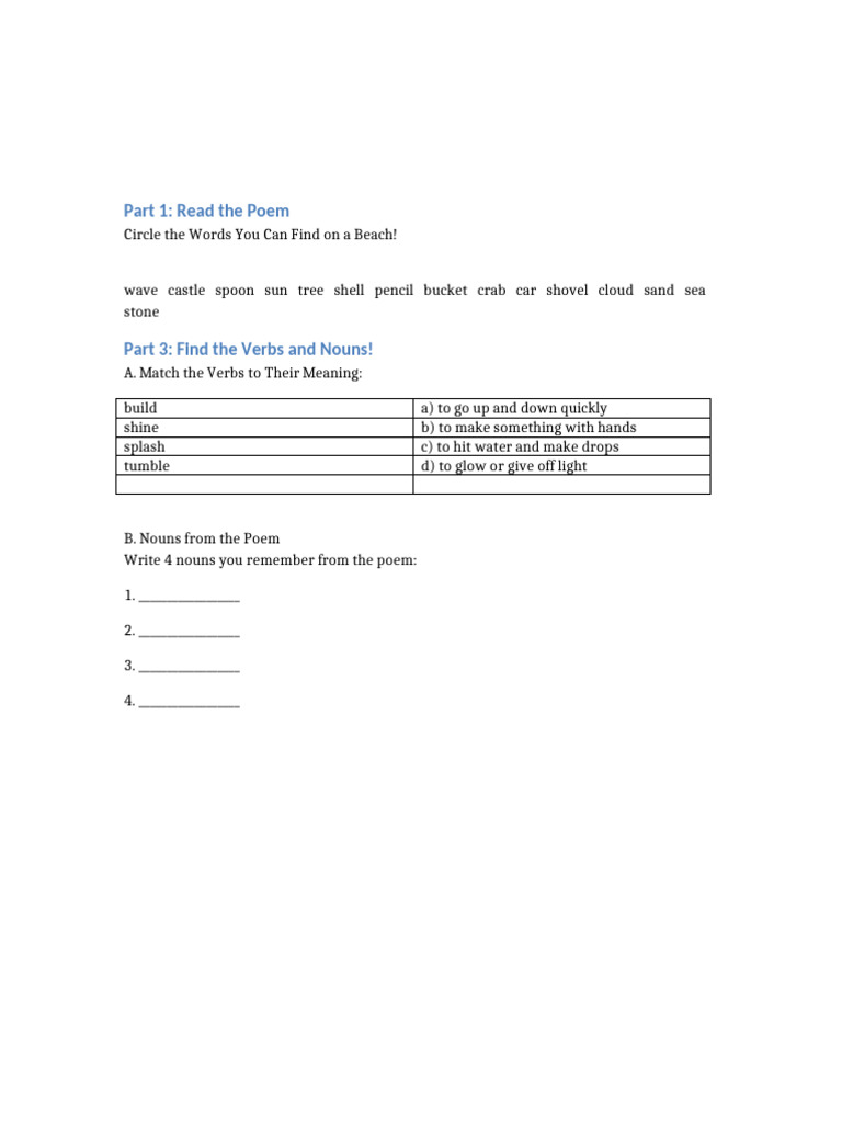 Sandcastle Poem Worksheet | PDF