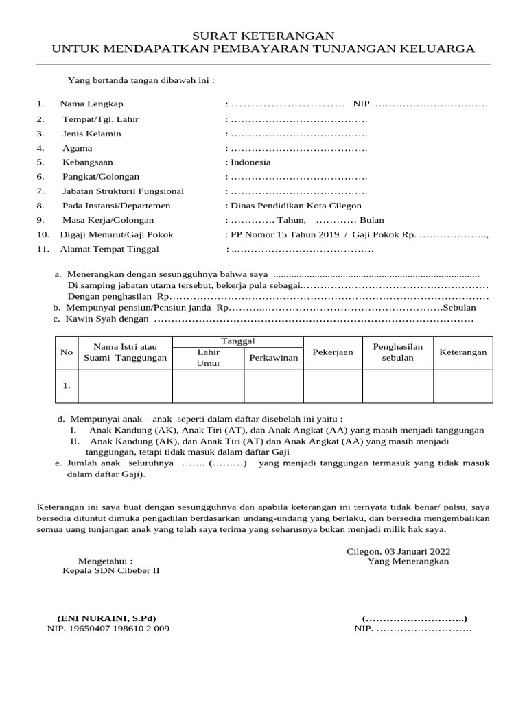 Surat Keterangan Tunjangan Keluarga | PDF