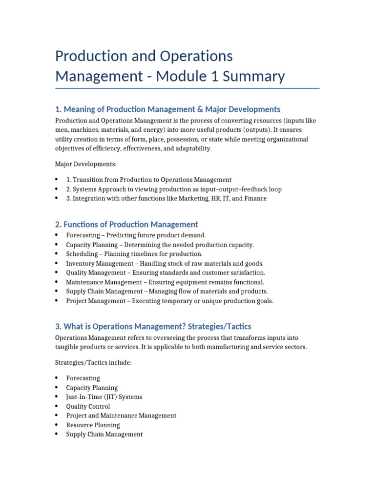 Production Management Module 1 Summary | PDF | Operations Management | Lean Manufacturing