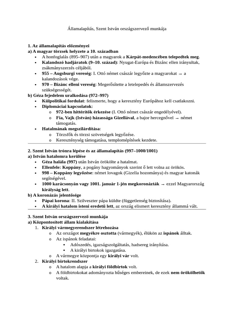 Államalapítás, Szent István Országszervező Munkája | PDF