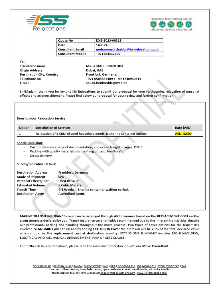 Ms. Souad - Quotation For Relocation To Germany | PDF | Containerization | Legal Liability