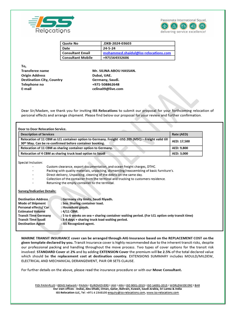 Ms. Silina Quotation For Relocation To Germany | PDF | Legal Liability ...