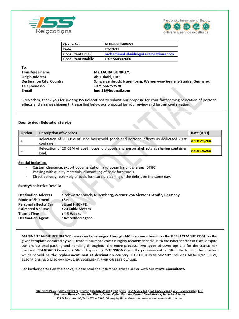 Ms. Laura - Quotation For Relocation To Germany | PDF | Legal Liability ...
