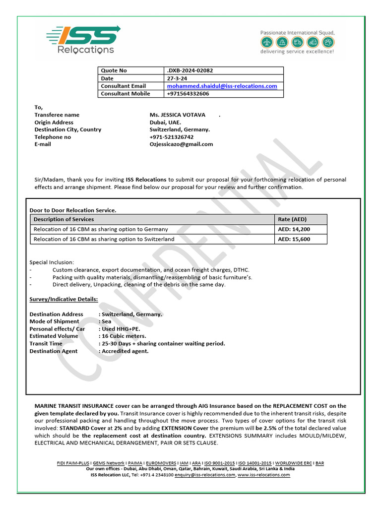 Ms. Jessica - Quotation For Relocation To Germany, Switzerland | PDF ...