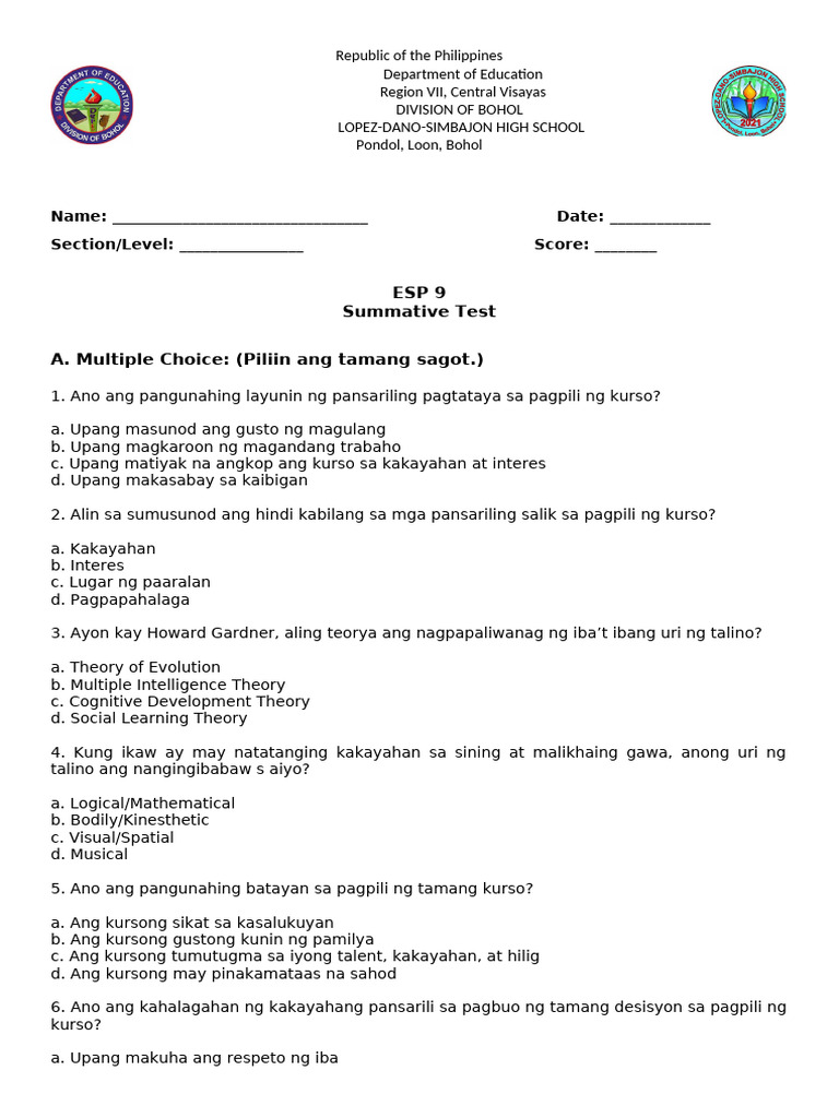 ESP 9 (Summative Test) | PDF