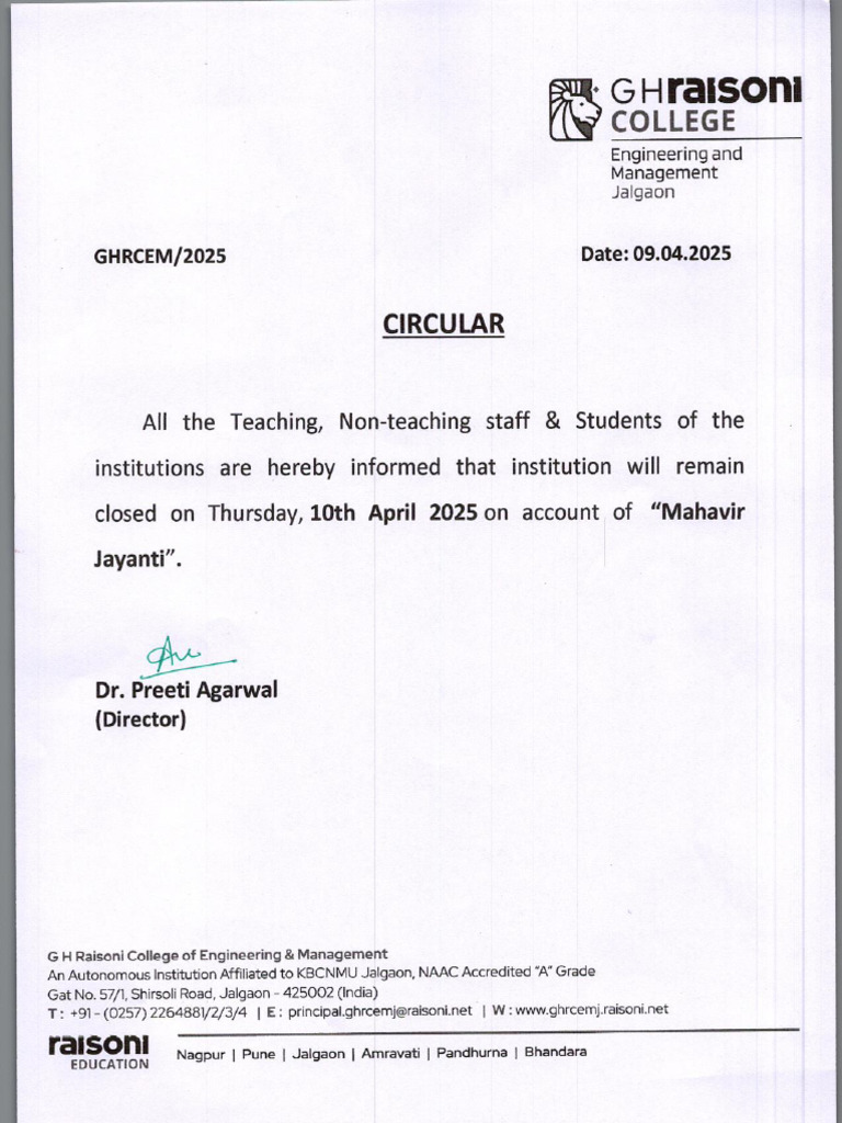 Holiday Circular - Mahavir Jayanti | PDF