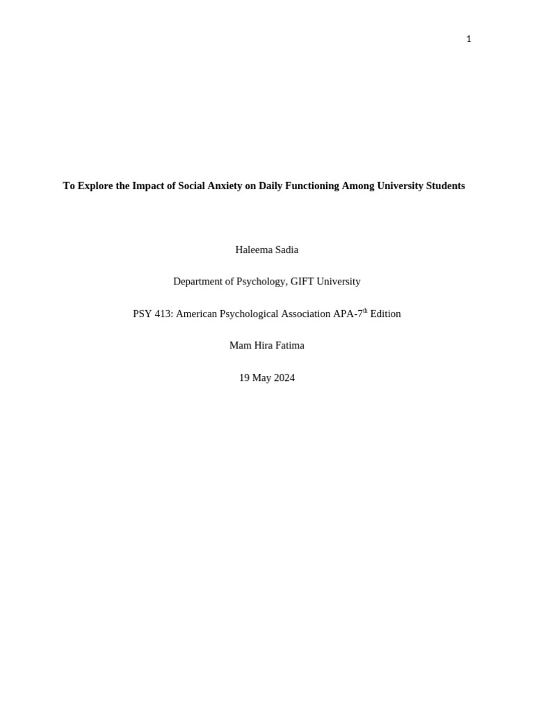 Halima Sadia 231520091.... | PDF | Social Anxiety Disorder | Anxiety