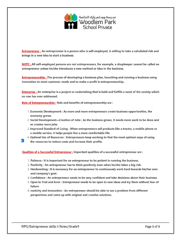 Grade 9 Entrepreneur Skills-I | PDF