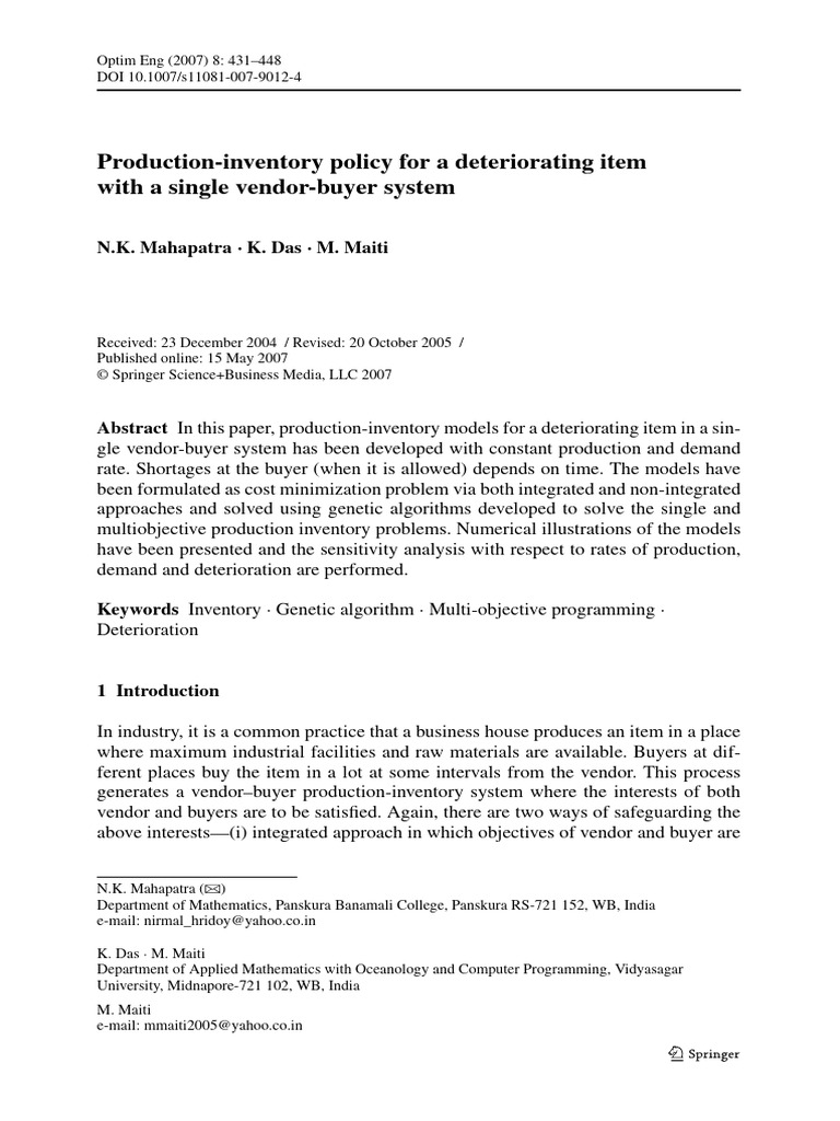 Production Inventory Policy For A Deteriorating Item With A Single Vendor Buyer System Pdf