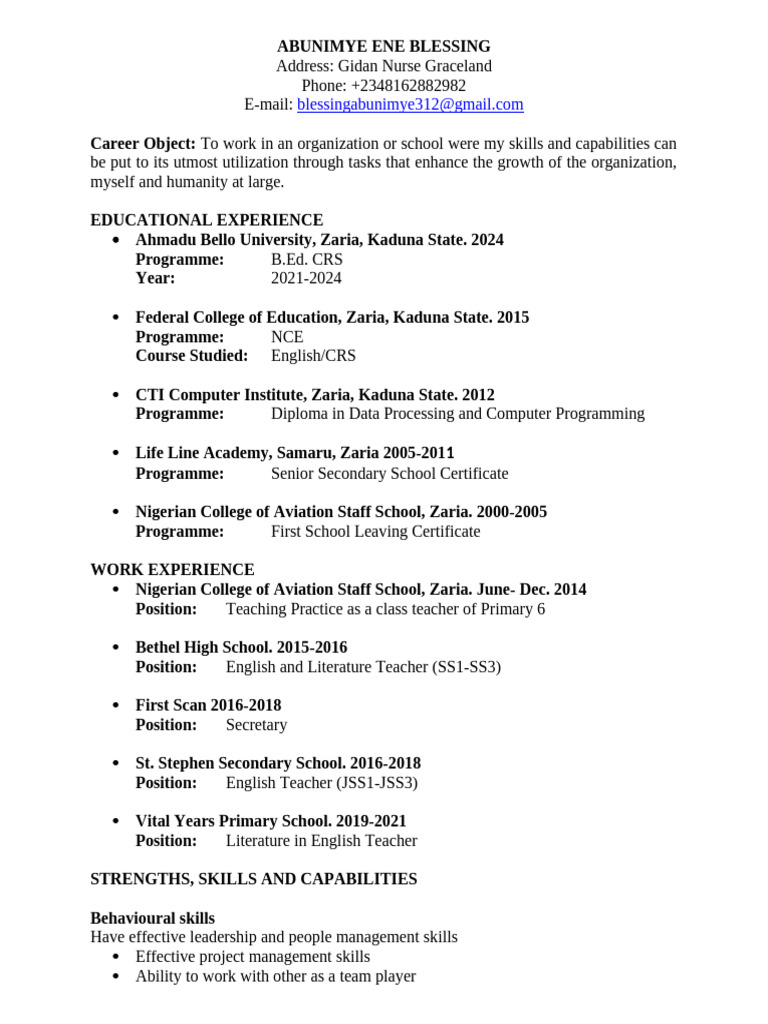 CV Abunimye Ene Blessing | PDF