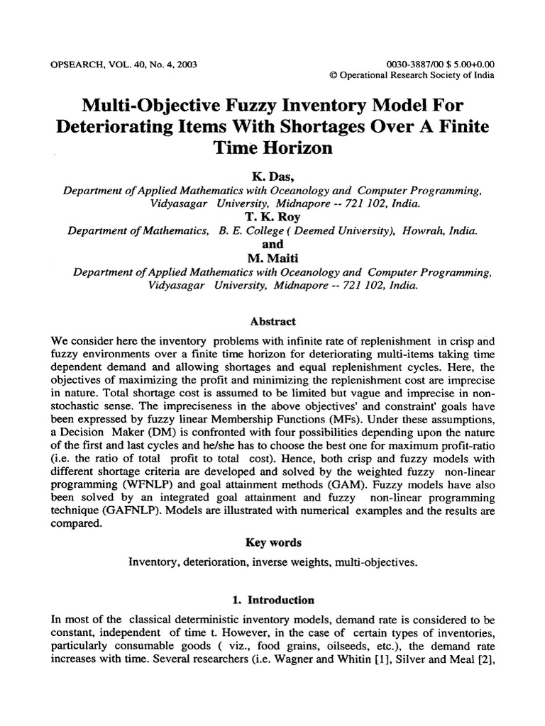 Multi-Objective Fuzzy Inventory Model For Deteriorating Items With Shortages Over A Finite Time ...