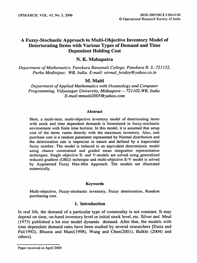 A Fuzzy-Stochastic Approach To Multi-Objective Inventory Model of Deteriorating Items With ...