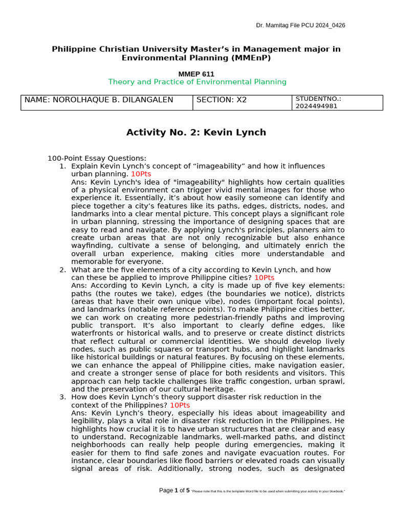 Batch 9 MMEP - 611 Acitivity 2 Kevin Lynch | PDF | Green Infrastructure | Urban Planning